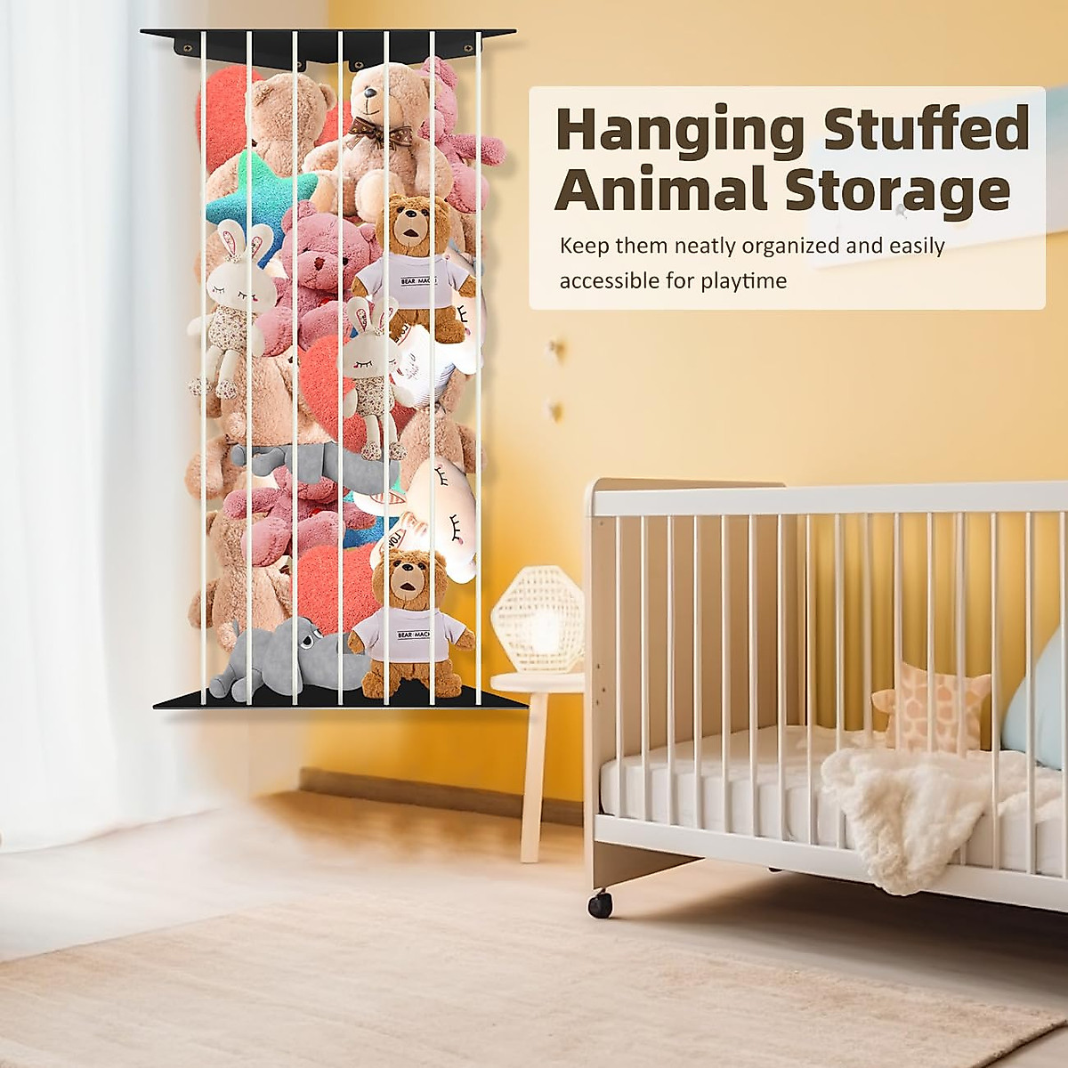 Cyfromt Toy Storage Organizer Corner Stuffed Animal Plush Toy Storage Kids Room Holder with Length Adjustable Large Toys Wall Hanging Shelf for Nursery Playroom Bedroom Sturdy Metal Black