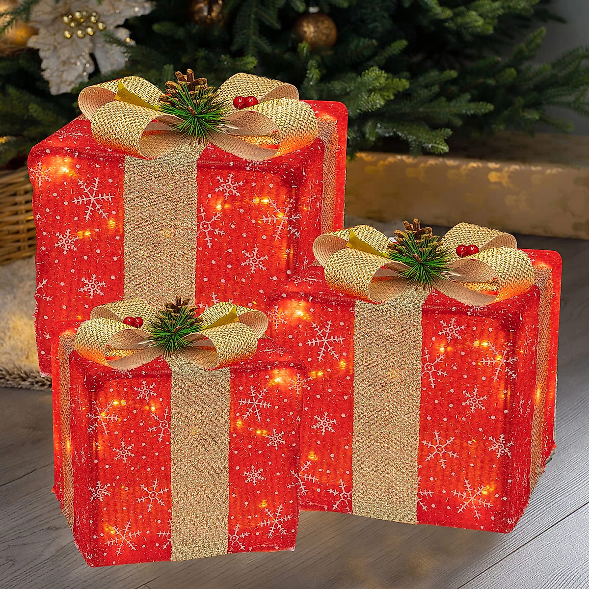 Funpeny Set of 3 Christmas Lighted Gift Boxes, 60 LED Christmas Box Decorations, Presents Boxes with Ribbon Bows Christmas Decorations for Xmas Tree, Yard, Home, Indoor Outdoor Holiday Decor
