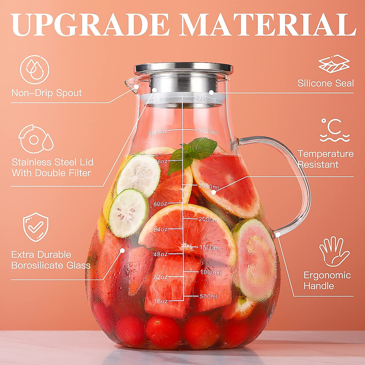 Glass Pitcher with Lid, 112.6OZ Upgrade Glass Water Pitcher with Precise Scale Line, 18/8 Stainless Steel Iced Tea Pitcher, HOUSALE Easy to Clean Heat Resistant Borosilicate Glass for Milk, Cold & Hot