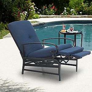 Sophia & William Outdoor Recliner Patio Lounge Chair Adjustable Reclining Chair with Removable Cushion and Metal Frame for Lawn Pool Garden Backyard, Navy