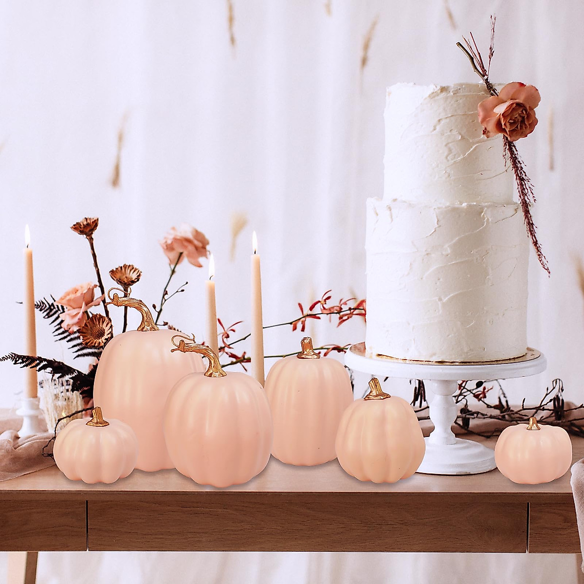 Winlyn 10 Pcs Assorted Artificial Blush Pink Pumpkins Decorative Fall Pumpkins Foam Pastel Light Pink Pumpkins for Fall Farmhouse Autumn Wedding Halloween Party Thanksgiving Festive Table Centerpiece