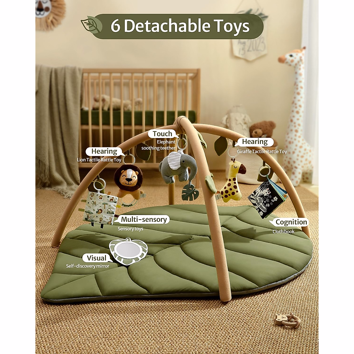 Blissful Diary Baby Play Gym & Activity Mat, Oversize Leaf Shaped Baby Play Mat w 6 Detachable Toys, Tummy Time Mat Promote Motor Skills & Sensory Development Mat, Newborn Infant Baby Essentials Gift