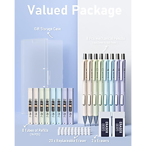 Nicpro 8PCS Pastel Mechanical Pencil 0.5 & 0.7 mm, Cute Fast Click Mechanical Pencils Set with 8 Tubes HB Lead Refills, Erasers for Drafting, School Student Writing, Drawing, Sketching -with Case