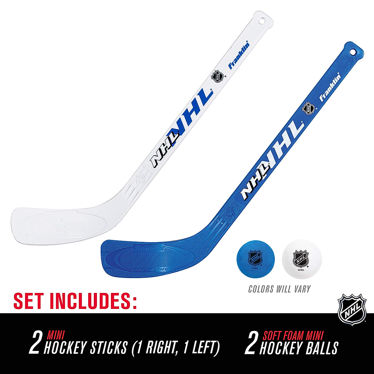 Franklin Sports Mini Hockey Stick and Ball Set - Play Knee Hockey Anytime - Kids Knee Hockey Set - Includes 2 Mini Sticks and 2 Foam Balls - NHL