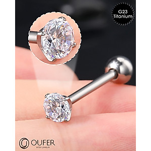 OUFER 14G Tongue Rings, Shiny Clear CZ Tongue Barbells, G23 Solid Titanium Tongue Piercing Jewelry, Nickel-free Tongue Ring for Women Men