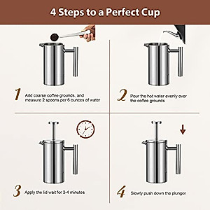 Meelio Small French Press Coffee Maker, Double-Wall Insulated French Press Coffee Press Stainless Steel, Included 2 Extra Fliters and 1 Coffee Spoon (350ML, 12 OZ)