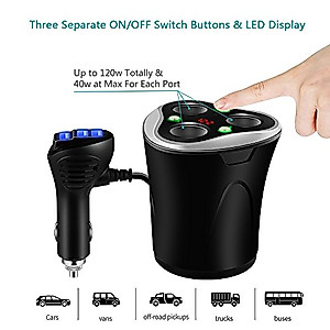 Skyocean 3 Socket Cigarette Lighter Splitter Power Adapter + 3 USB Car Charger 120W 12V/24V DC Outlet with Volt Meter, On/Off Switch for Cell Phone GPS Dash Cam & All Electronic Devices (Black)