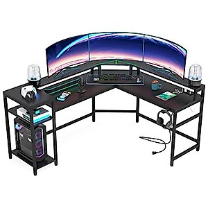 LITTLE TREE L Shaped Gaming Desk: Computer Desk with Power Outlet & LED Stripe, Modern Coner L Desk with Storage Shelves for Home Office - Black
