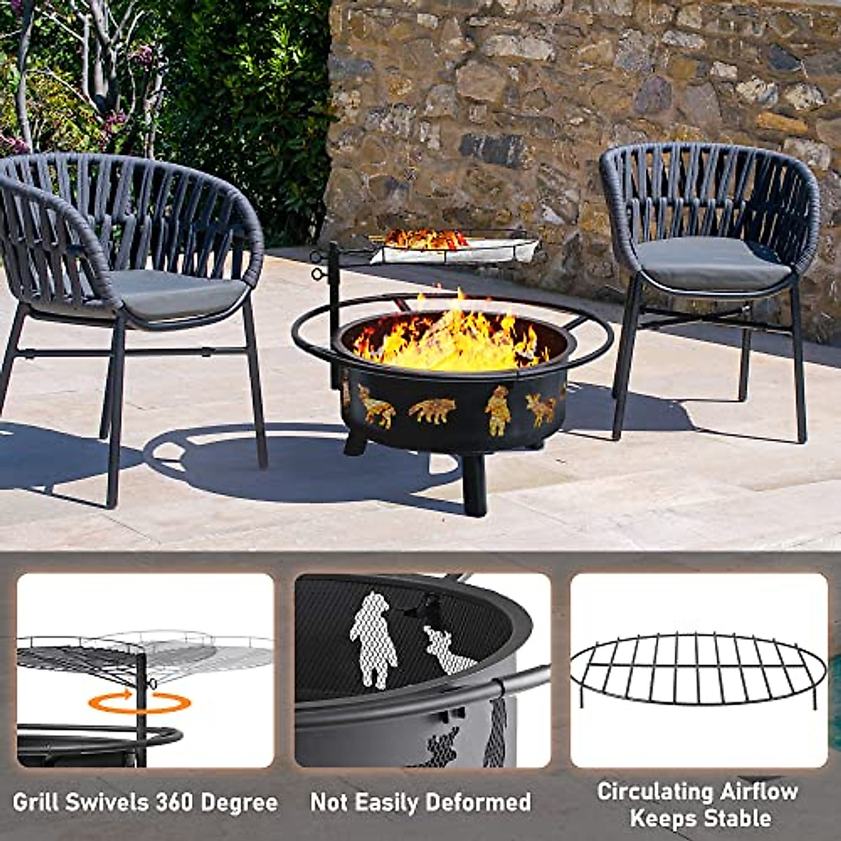 FUNBERRY Fire Pits for Outside,Outdoor Fire Pits with Grill,Wood Burning Fire Pit,30 Inch Firepit with Spark Screen,Log Grate,Poker