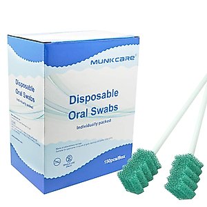 MUNKCARE Disposable Dentifrice Treated Oral Care Sponge Swabs, Individual Wrapped 150 Counts (Dark Green)