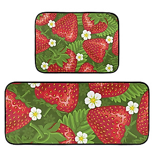 BOENLE Kitchen Rugs and Mats Non Skid Washable Kitchen Rug Set 2 Piece Strawberry and Leaves on Green Background Carpet Ergonomic Comfort Standing Mat for Kitchen,Bathroom, Laundry