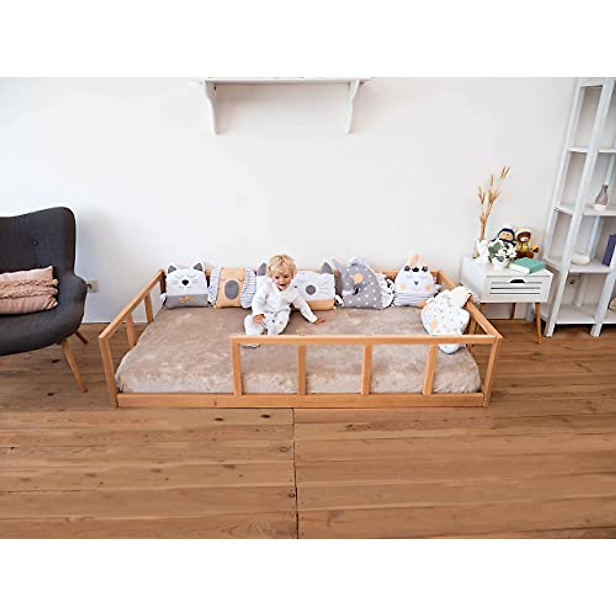 BUSYWOOD Platform Bed for Nursery - Bedroom Furniture for Toddlers - Montessori Floor Bed in Playroom for Boy and Girl (Model 10, Floor Bed without Slats)