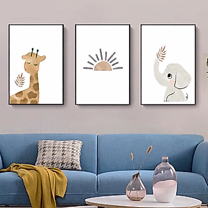 Boho Cartoon Animal Kids Room Decor, Cute Giraffe Elephant Sun Canvas Nursery Wall Art for Baby Girls & Boys Playroom Bathroom Bedroom