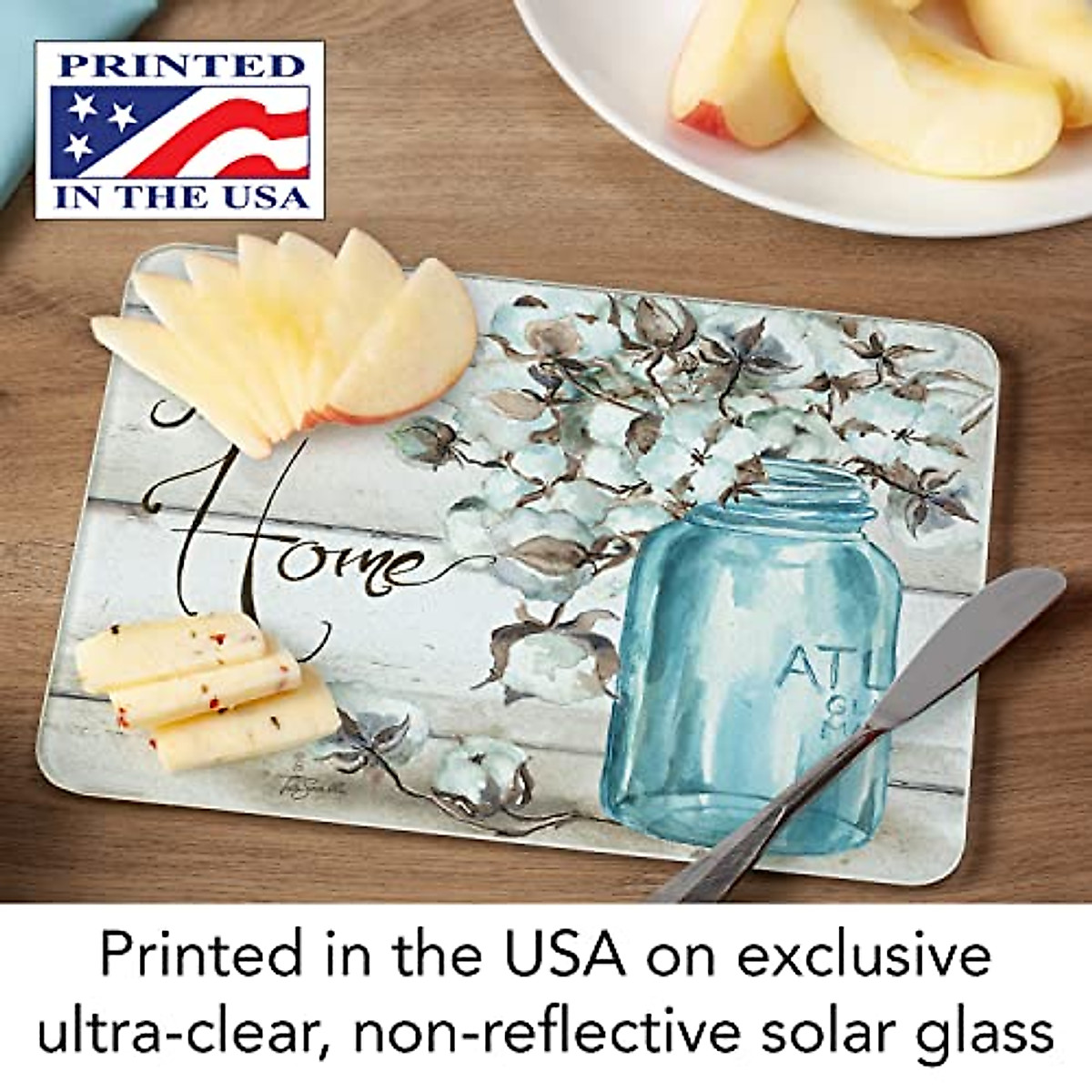 CounterArt Cotton Boll Decorative 3mm Heat Tolerant Tempered Glass Cutting Board 10” x 8” Manufactured in the USA Dishwasher Safe