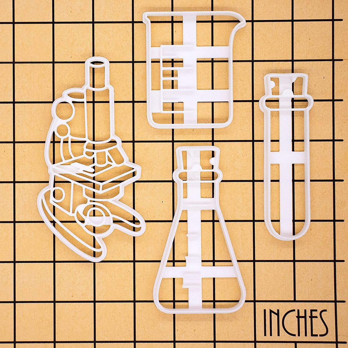 Set of 4 Laboratory Equipment cookie cutters (Designs: Beaker, Microscope, Test Tube, and Conical Flask), 4 pieces - Bakerlogy