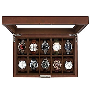 GUKA Watch Box, Luxury 10 Slot Watch Case with 55MM Wide Velvet Pillows, Watch Organizer Storage with Real Glass Lid, Watch Display Case for Men and Women Gift, Brown