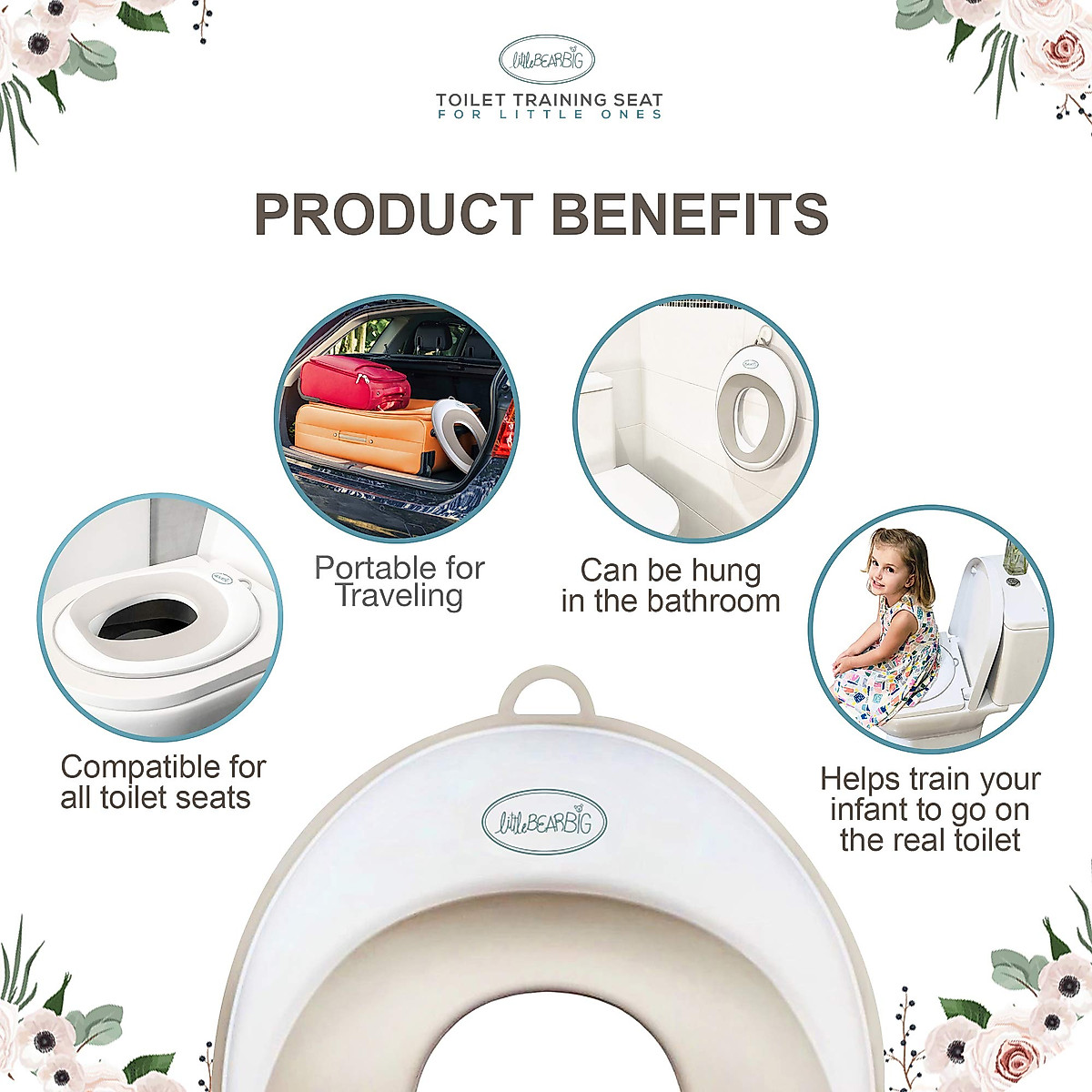 Baby and Toddler Potty Training Seat For Boys and Girls by LittleBearBig - Portable White and Gray Topseat for Toilet with Hook - Fits Oval/Round Lid - Travel Friendly - Stylish Design -Non-Slip Ring