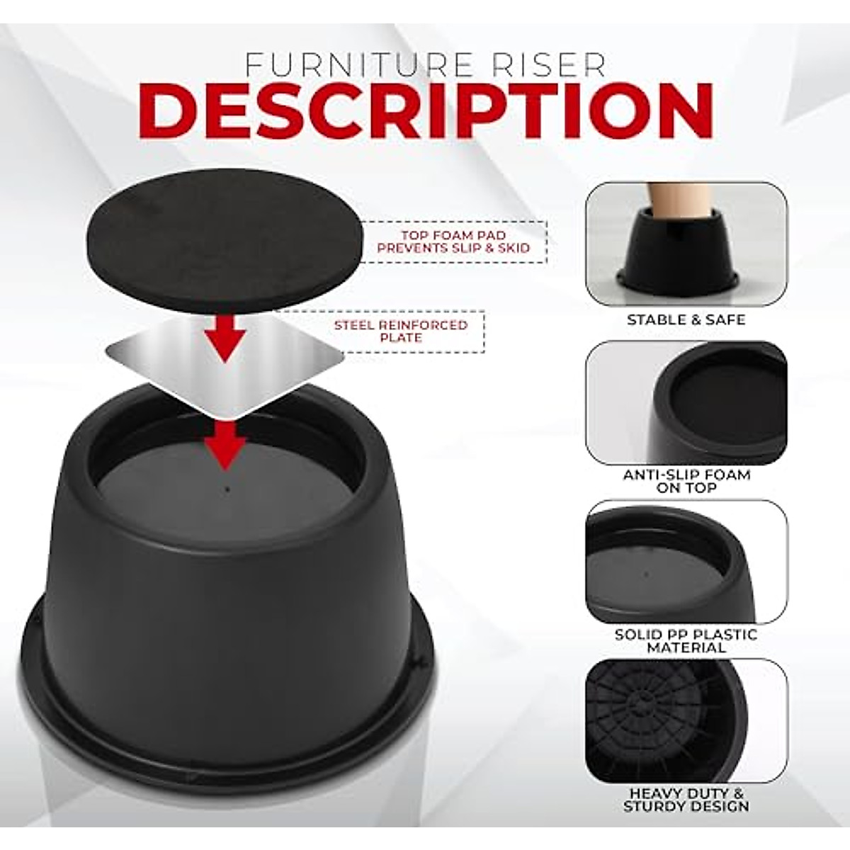 Utopia Bedding Bed Risers 3 Inch - 8 Pack - Round Furniture Risers with Top Anti-Slip Foam with Metal Plate & Bottom Rubber Pads - Bed Risers Heavy Duty for Sofa, Couch & Chair Lifts (Black)