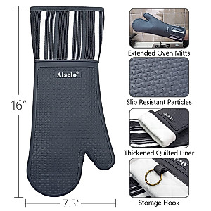 Alselo Silicone Oven Mitts Heat Resistant 550 Degree Extra Long Kitchen Gloves Pot Holders with Waterproof and Non-Silp for Baking Cooking Barbecue Microwave Machine Washable (Extra Long Grey, 2)