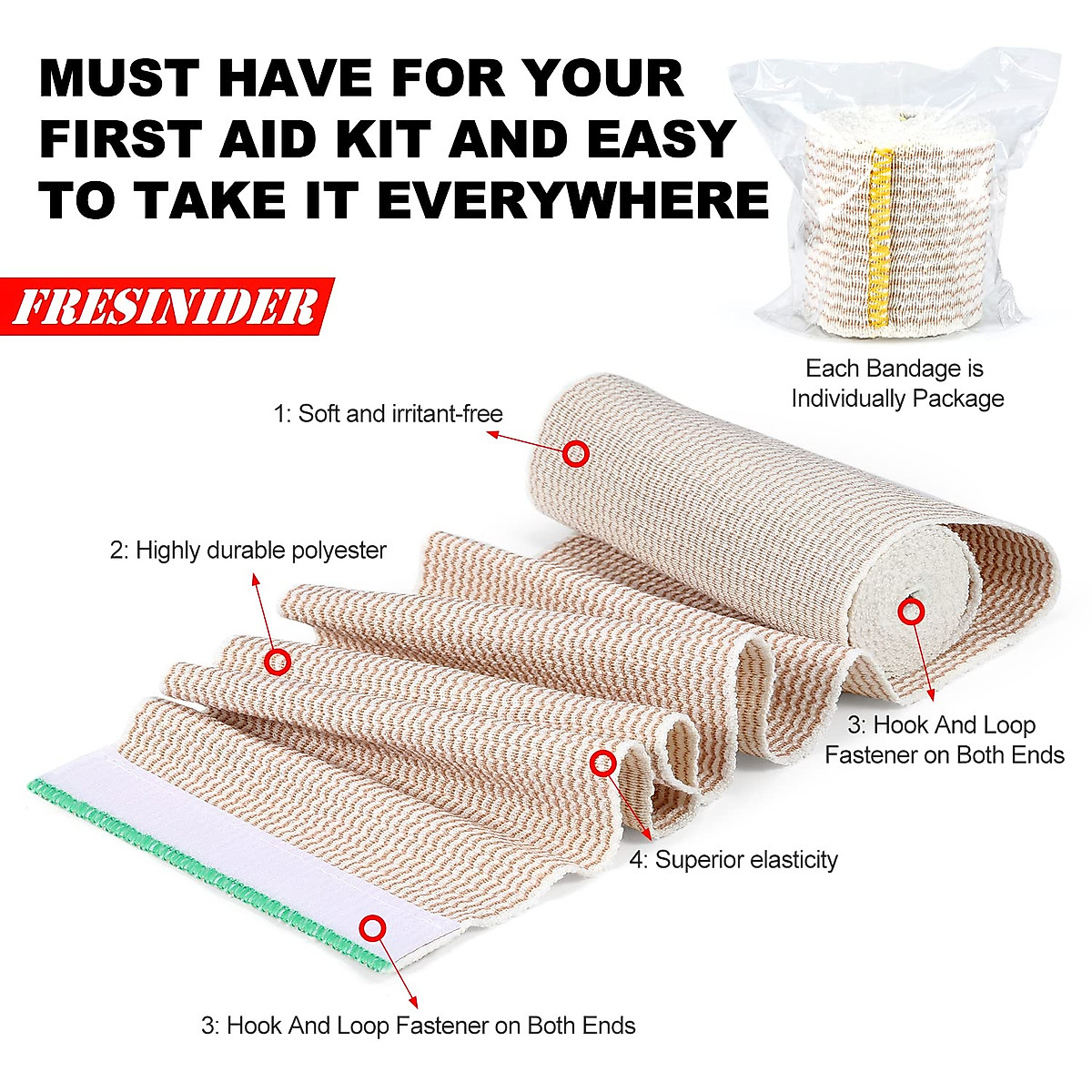 FRESINIDER Premium Elastic Bandage Wrap, 6 pack (2x2", 2x4", 2x6") Cotton Compression Bandage with Touch Closure at Both Ends, Support & First Aid, Medical, and Injury Recovery