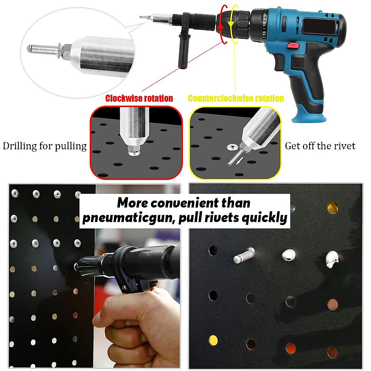 Swpeet 211Pcs Black Alloy Steel Electric Rivet Gun Adapter Kit, Including 2.4/3.2/4.0/4.8mm Diameter Rivet Head and Handle Wrench with 500Pcs Aluminum Blind Rivet Kit