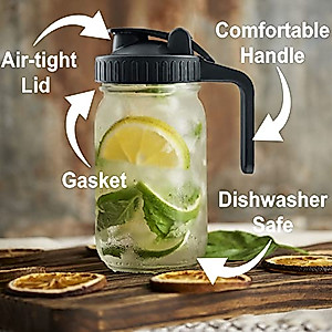 Mason Jar Pour Spout Lid - 32oz Black Glass Pitcher with Lid & Mixing Spoon Food Grade and Safe, 1 Quart Sturdy Wide Mouth Nice for Breastmilk, Drink, Iced Tea, Juice