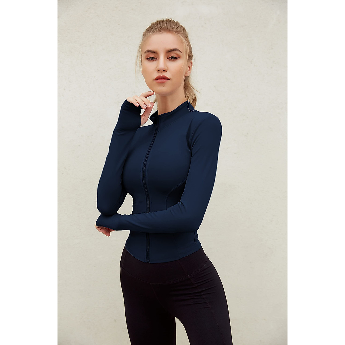 Tanming Women's Full Zip Seamless Workout Jacket Running Yoga Slim Fit Track Jacket (Navy-M)