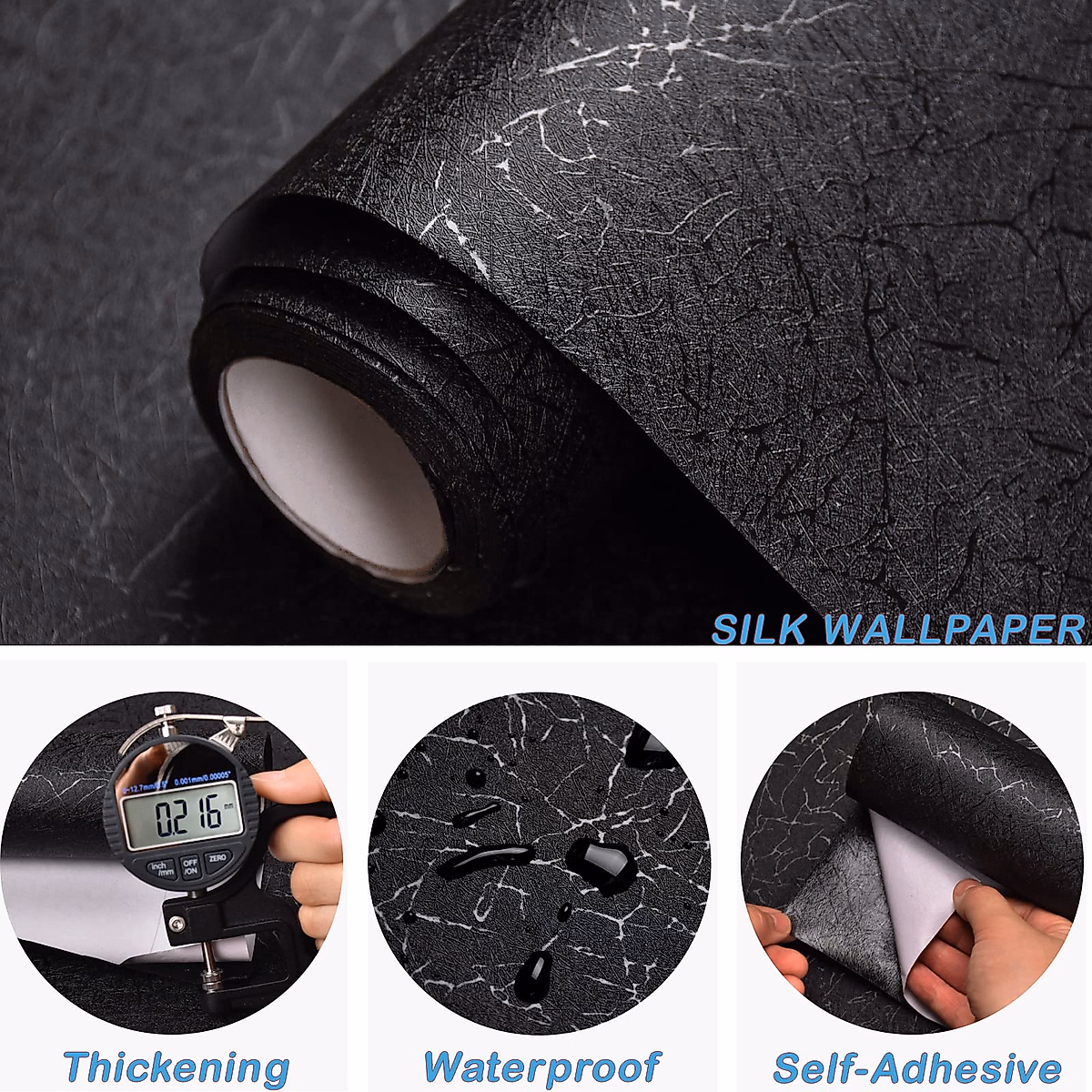 Black Wallpaper Peel and Stick Wallpaper Black Silk Wallpaper for Bedroom Solid Black Contact Paper for Cabinets Self Adhesive Removable Wallpaper Embossed Textured Wallpaper Waterproof 15.7“×118”