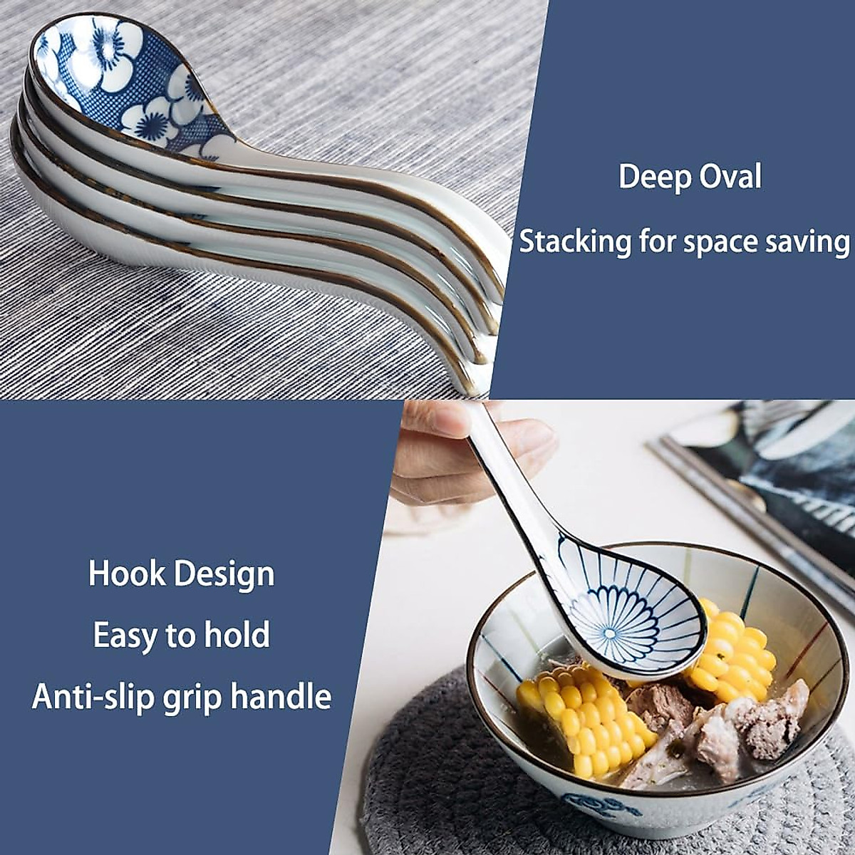 Raelitego 5pcs Asian Soup Spoon, Ceramic Chinese Soup Spoons, Deep Oval Hook Non-slip Japanese Spoons for Rice Ramen Pho Miso Soup Wonton Noodle, Luck and Prosperity Gifts for Friends Parents Family