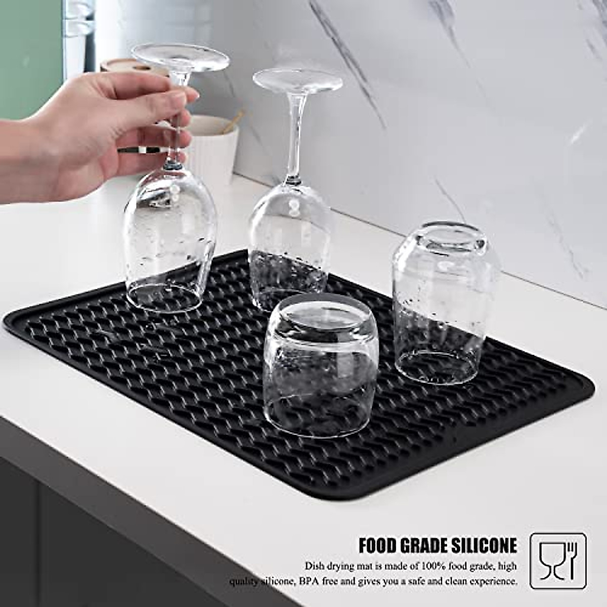 Silicone Dish Drying Mat, Non-Slip Easy Clean Sink Mat Large Heat-resistant Dish Drainer Mat for Kitchen Counter, Sink, Refrigerator or Drawer liner (16" x 12", BLACK)