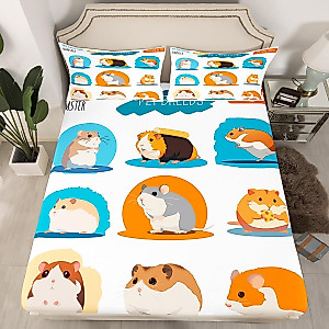 Feelyou Cute Hamster Bedding Set for Girls Boys Children Cartoon Pet Animal Bed Sheet Set Decorative Lovely Rodent Fitted Sheet Pet Mouse Pattern Bed Cover Twin Size 2Pcs