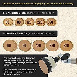 Dura-Gold Bowl Sander Tool Kit with 1" & 2" Hook & Loop Backing Pads, 50 Sanding Discs - Dual Bearing Head, Hardwood Handle, 1/4" Mandrel - 60, 80, 120, 220, 320 Grit Sandpaper - Sand Wood Woodworking
