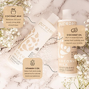 Purezero Coconut Milk Shampoo & Conditioner Set - 100% Vegan & Cruelty Free - Intense Hydration & Increase Shine - Zero Sulfates, Parabens, Dyes - Fight Dandruff & Frizz