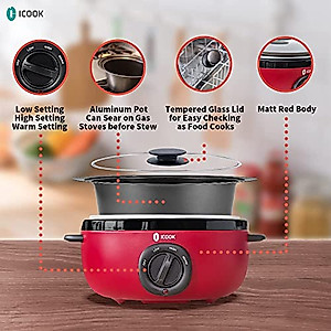 ICOOK USC-35-OP001RD 3.5 Quart Slow Cooker,Aluminium Sear/Sauté Stew Pot Stovetop safe,Dishwasher Safe,Glass Lid,Adjustable Temp,Food Warmer,Red