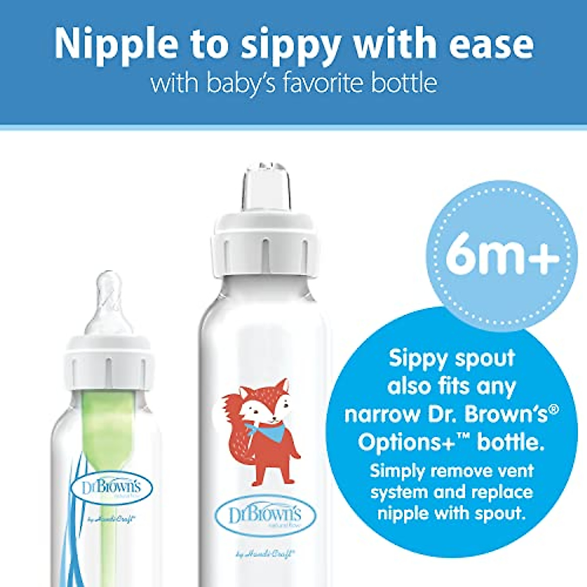 Dr. Brown’s® Milestones™ Narrow Sippy Bottle, 100% Silicone Soft Sippy Spout, 8oz/250mL, Fox & Lion, 6m+