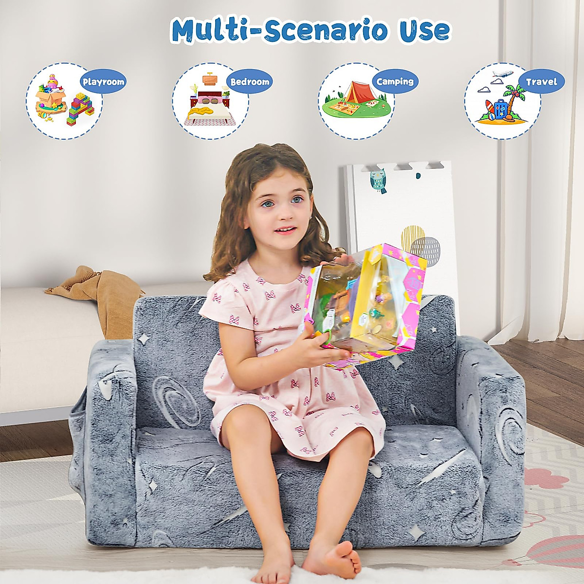 Toddler Chair Comfy,Toddler Couch,Extra Wider Seating,Glow in The Dark Kids Sofa Chair Space Moon Galaxy Soft Sofa Bed Gaming Room Decor Stuff Christmas for Kids Girl Boys