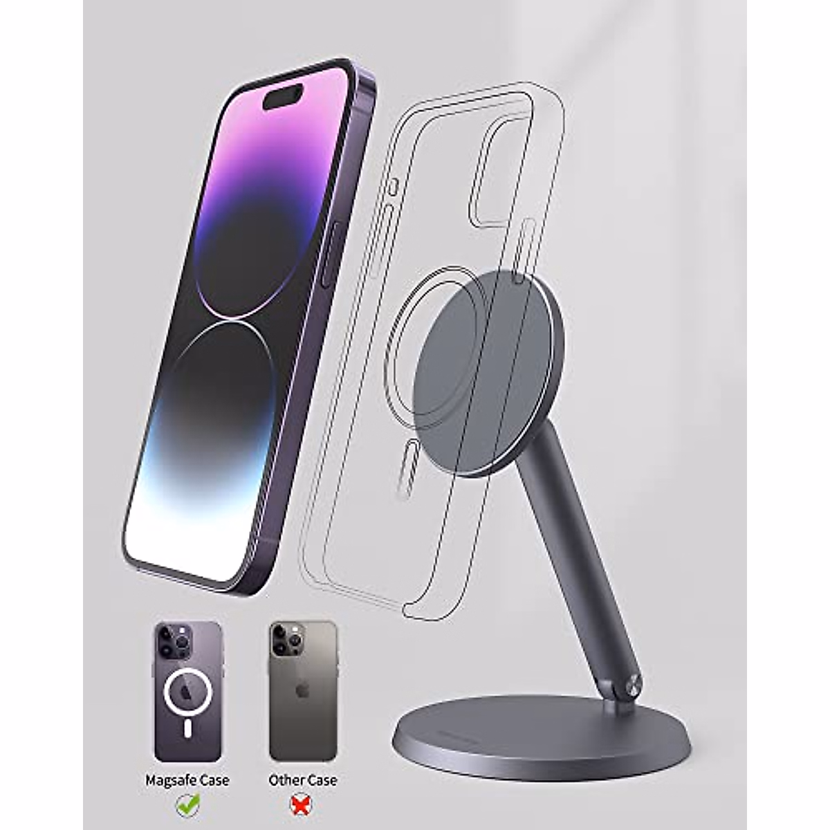 LULULOOK Magnetic Phone Stand for iPhone 12/13/14, Aluminum Design, Rotation Adjustable Desk Phone Holder Dock for iPhone 13 12/13 12 Mini/13/14 12 Pro/13/14 12 Pro Max, Mag-Safe Case Gray