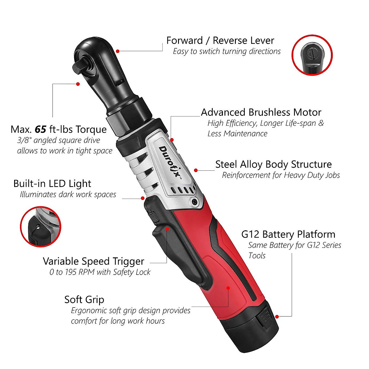 Durofix RW1210-3P G12 Series 12V Li-ion Cordless 3/8” 65 ft-lbs. Torque Brushless Ratchet Wrench Tool Kit with Canvas Bag