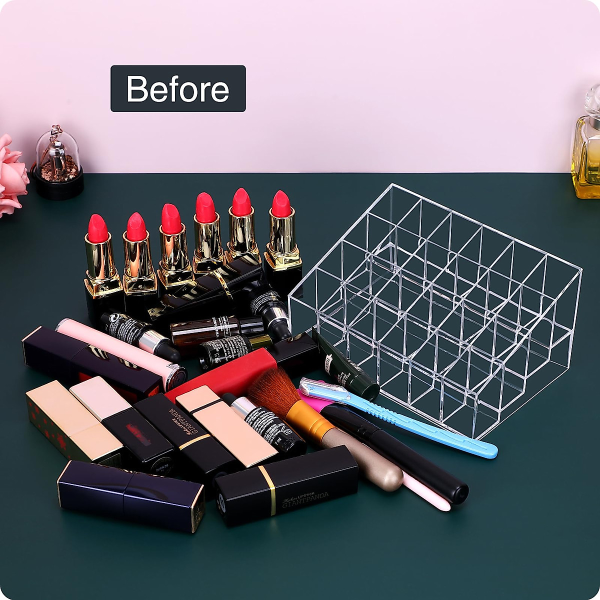 MOSIKER Lipstick Organizer,Small Clear Plastic Compact Lip Gloss Chapstick Perfume Sample Mascara Holder with 24 Slots