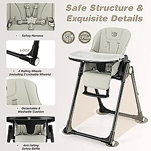 BABY JOY High Chair for Babies & Toddlers, Foldable Highchair with Adjustable Backrest/Footrest/Seat Height, Double Removable Trays, Detachable Seat Cushion, Wheels, Aluminum Frame (Gray)