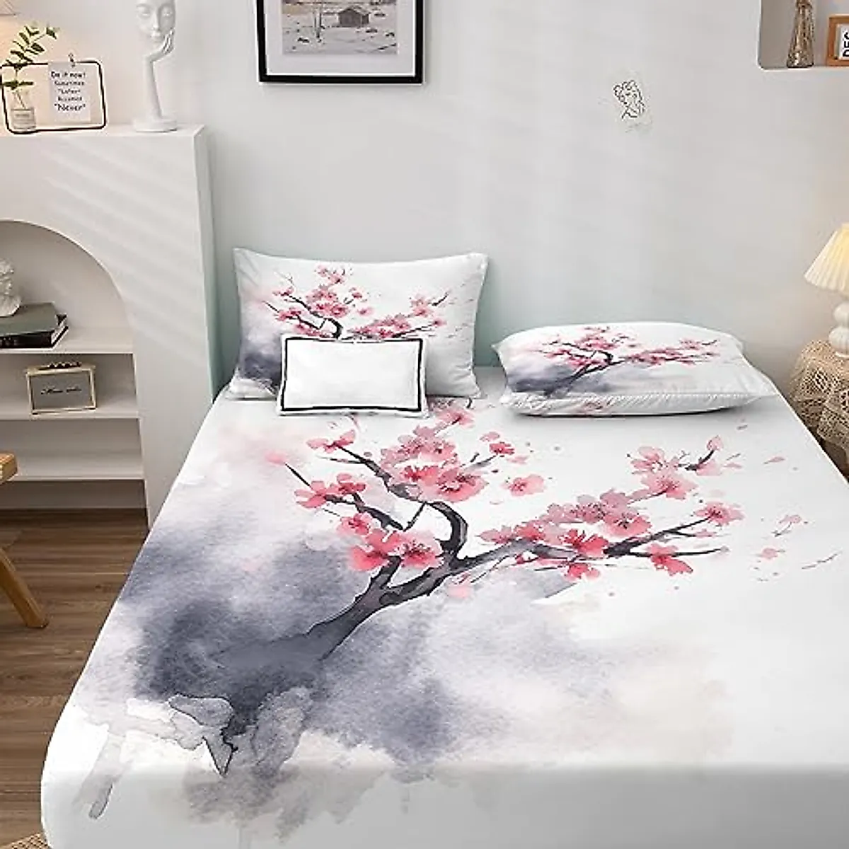 Cherry Blossom Sheets Full Size, Sakura Japanese Style Bed Sheets, Patterned Bedding Sheets & Pillowcases 4 Piece Set - Soft Microfiber Deep Pocket Fitted Sheet & Flat Sheet & 2 Pillow Cases L2-&-112