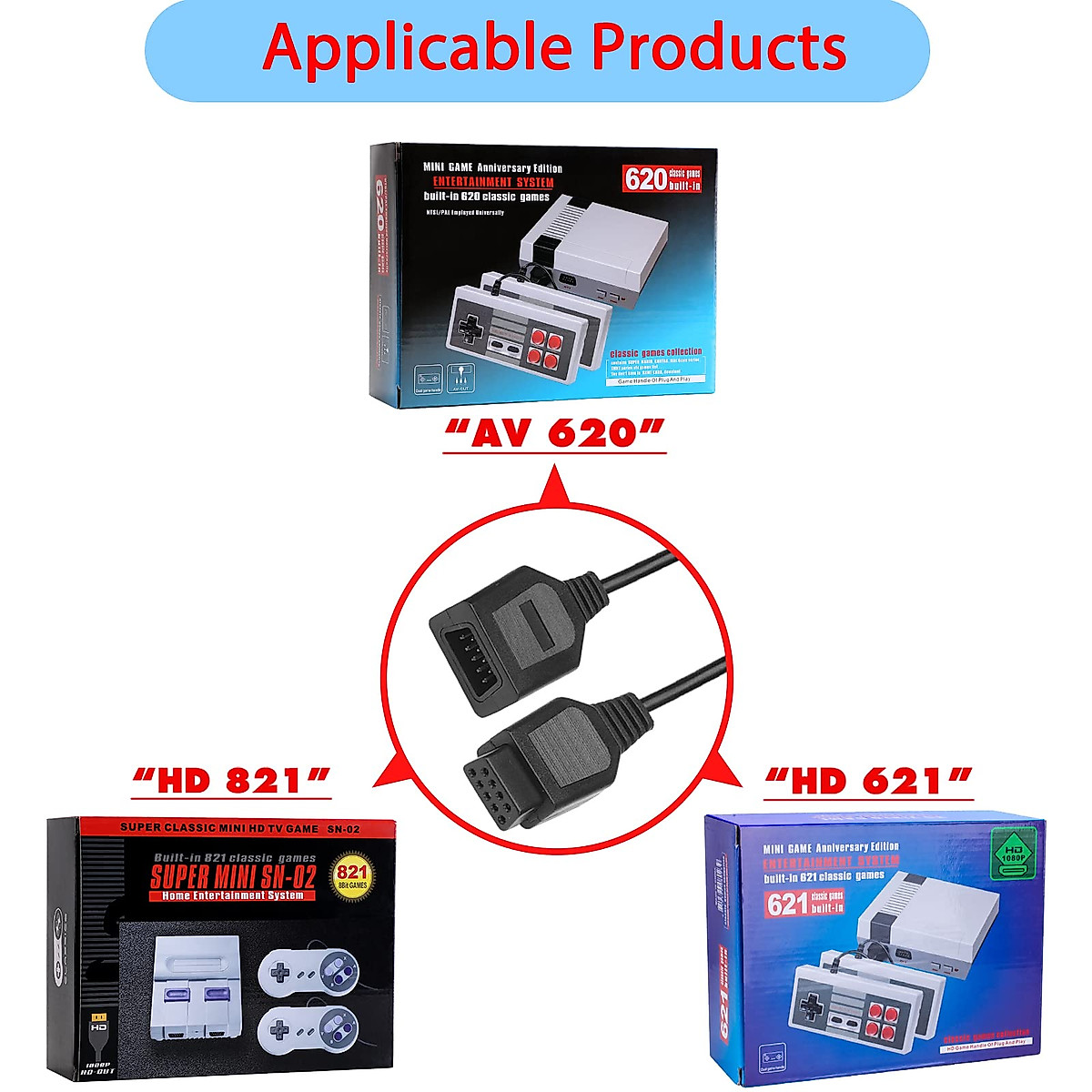 JoFong 9 Pin Controller Extension Cable for Classic Retro Game Consoles AV 620, HD 621, HD 821 Plug and Play Wired Video Game Controller Gamepad Extension Cable 5.8ft 2 Pack (cable-new-abc)