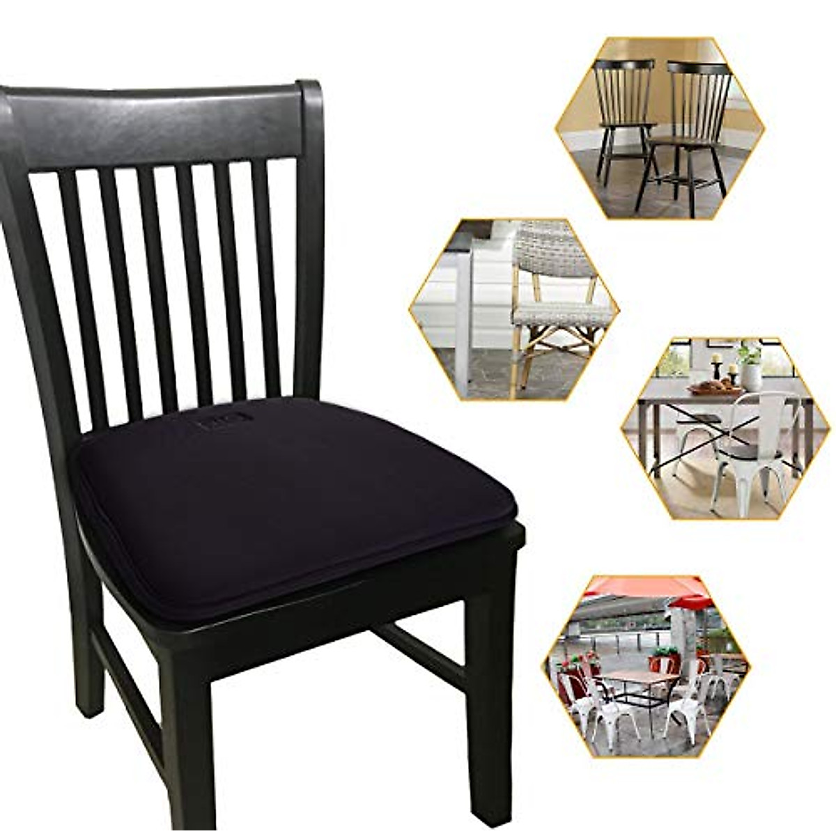 Big Hippo Chair Pads, Memory Foam Chair Seat Cushion Non Slip Rubber Back Thicken Chair Padding with Elastic Bands for Home Office Outdoor Seats (Black-1pc)