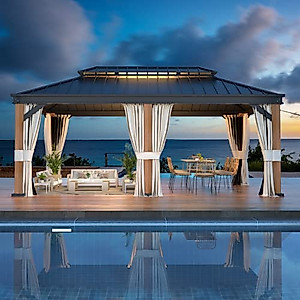 YOLENY 12' x 20' Ultra-thick Columns and Beams Hardtop Gazebo with Faux Wood Grain Aluminum Frame, Vertical Stripe Galvanized Steel Double Roof, Outdoor Patio Gazebo Pergolas with Netting and Curtains