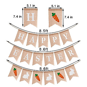 3pcs Easter Burlap Banner Decorations - Easter Bunny Carrot Burlap Banner Decor, Happy Easter banner Backdrops for Photography, Fireplace, Wall, Window, Yard Easter Decorations