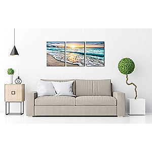 Wieco Art 3 Panel Blue Beach Canvas Wall Art for Home Decor Sunset White Wave Beach Pictures on Canvas Sea View Canvas Prints Artwork for Wall Decor Living Room Decorations