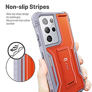 FITO for Samsung Galaxy S21 Ultra 5G Case, Dual Layer Shockproof Heavy Duty Case for Samsung S21 Ultra 5G Phone Built-in Kickstand, Without Screen Protector (Orange, 6.8 inch)