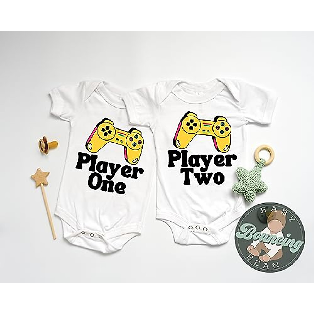Player One Player Two gaming remote control themed baby boy and girl bodysuits matching twin sets (6-9 Month US)