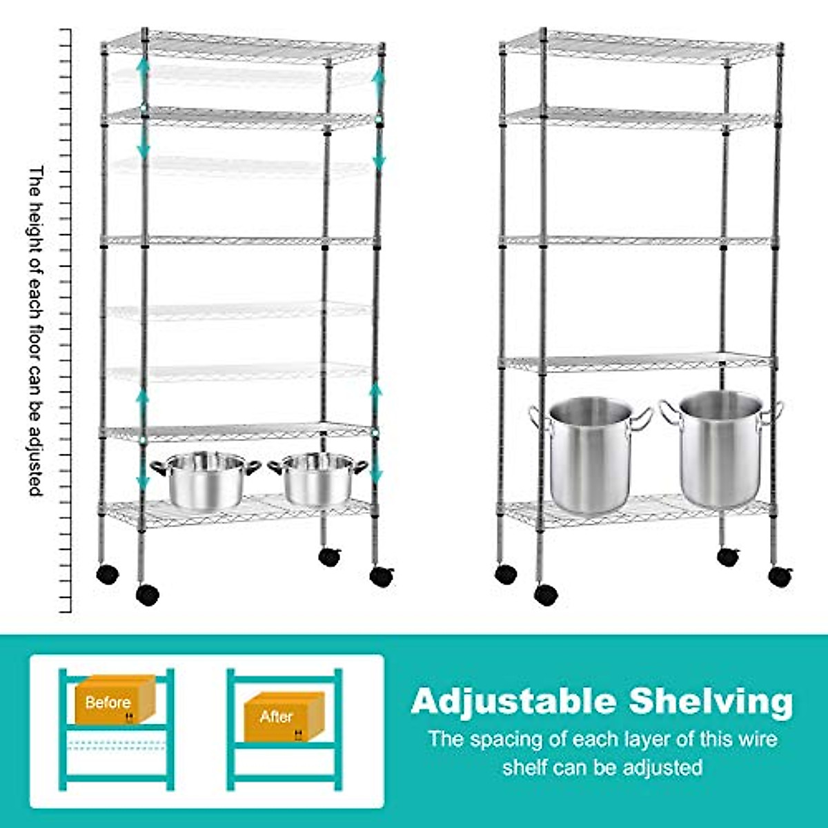 Metal Shelves 5-Tier Wire Shelving Unit 30" Lx 14" Wx 60" H Heavy Duty Storage Shelves with Casters Adjustable Layer Rack for Restaurant Garage Kitchen Laundry Pantry Storage Space-Saving, Chrome