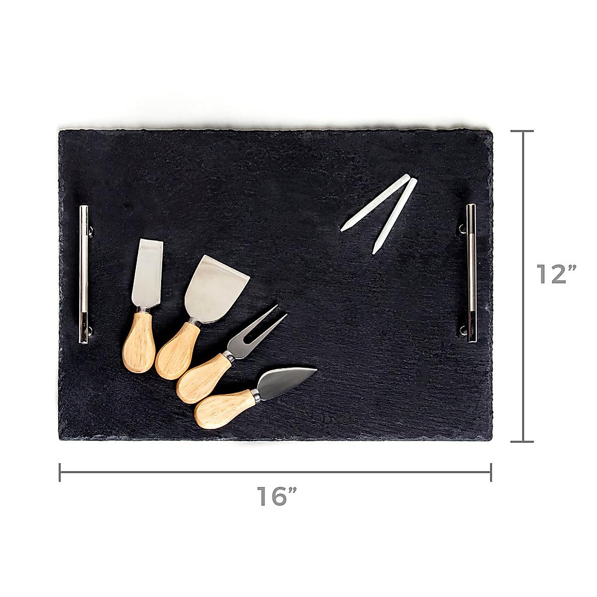 Slate Cheese Board - 7 pc Serving Tray Set 16"x12" Large - Stainless Steel Handles - Soapstone Chalk - 4 Cheese Knives - Foam Protective Feet by Proper Goods